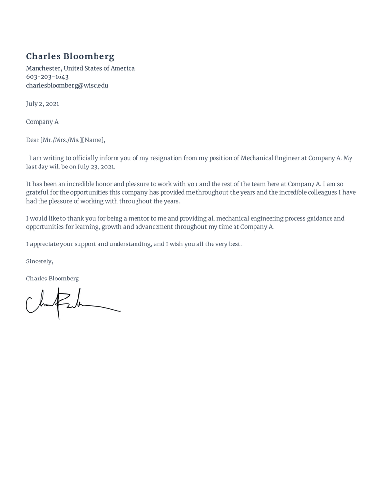 Rezi Mechanical Engineer Resignation Letter Template Rezi Mechanical Engineer Resignation Letter Template